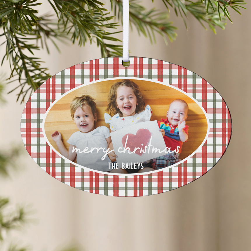 Holiday Plaid Photo Oval Ornament | Stocking Shop
