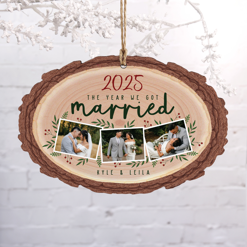 Marriage Year Photo Collage Rustic Oval Bauble | Stocking Shop UK