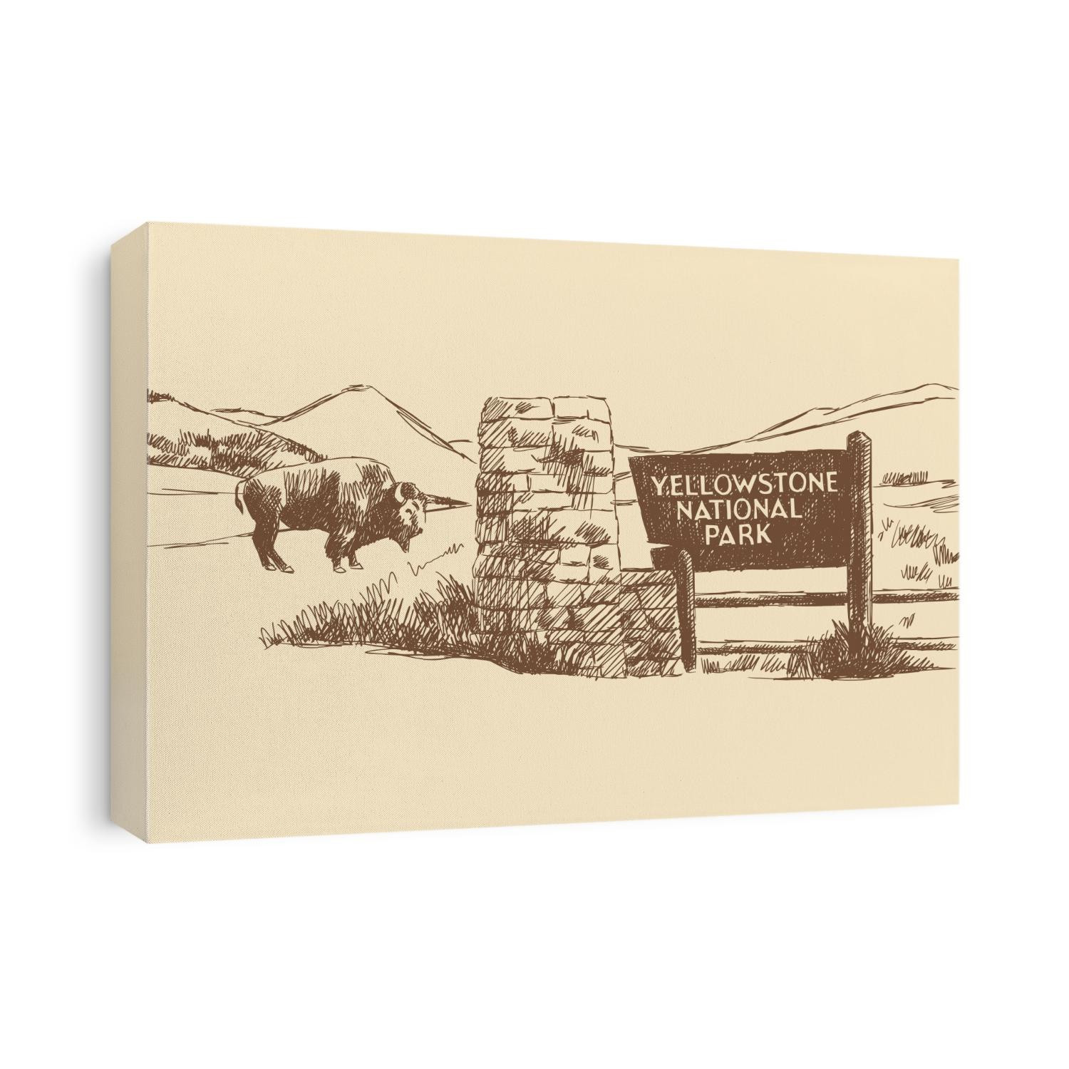 Sketch Of The Yellowstone National Park Sign, Bison And Nature In The ...