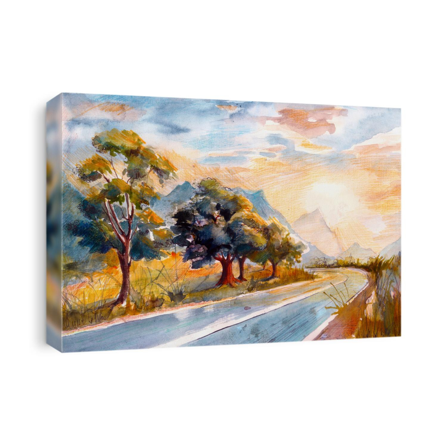 Picturesque Trees Near The Road Watercolor Painting Poster Card ...