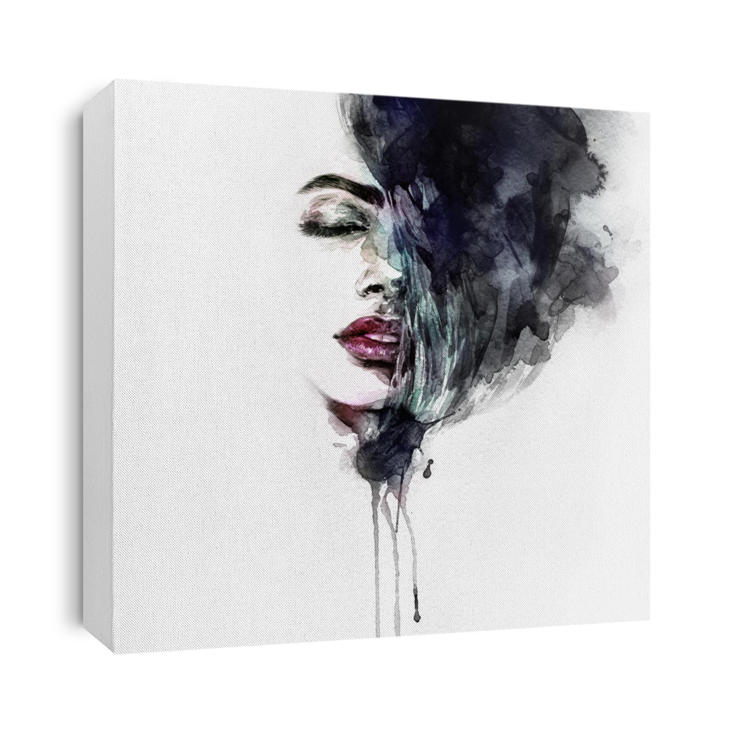 Abstract Woman Face. Fashion Illustration. Watercolor Painting Canvas ...