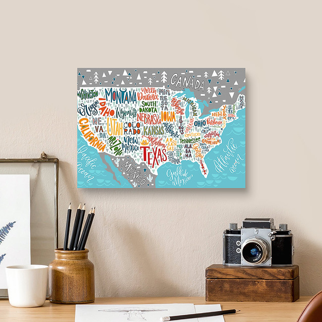 USA Map With States - Pictorial Geographical Poster Of America, Hand ...